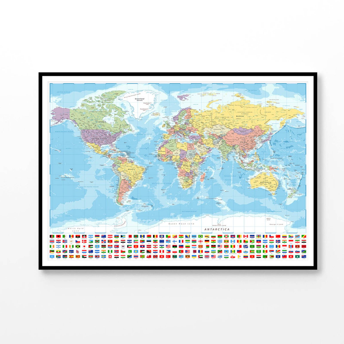 Country Flags & World Map Print 100% Australian Made 90 x 60cm (Poster ...