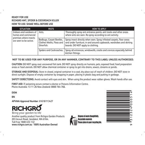 Richgro 3L Ready To Use Ant Spider And Cockroach Killer - Bunnings ...