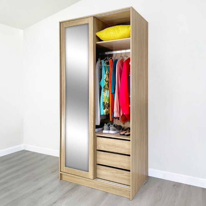 Practa 1000mm Oak 2 Door Mirror Sliding Robe - Bunnings Australia