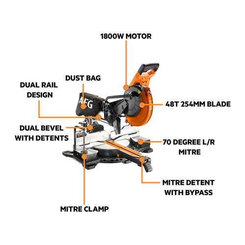 AEG 1800W 254mm Dual Bevel Slide Compound Mitre Saw - Bunnings Australia