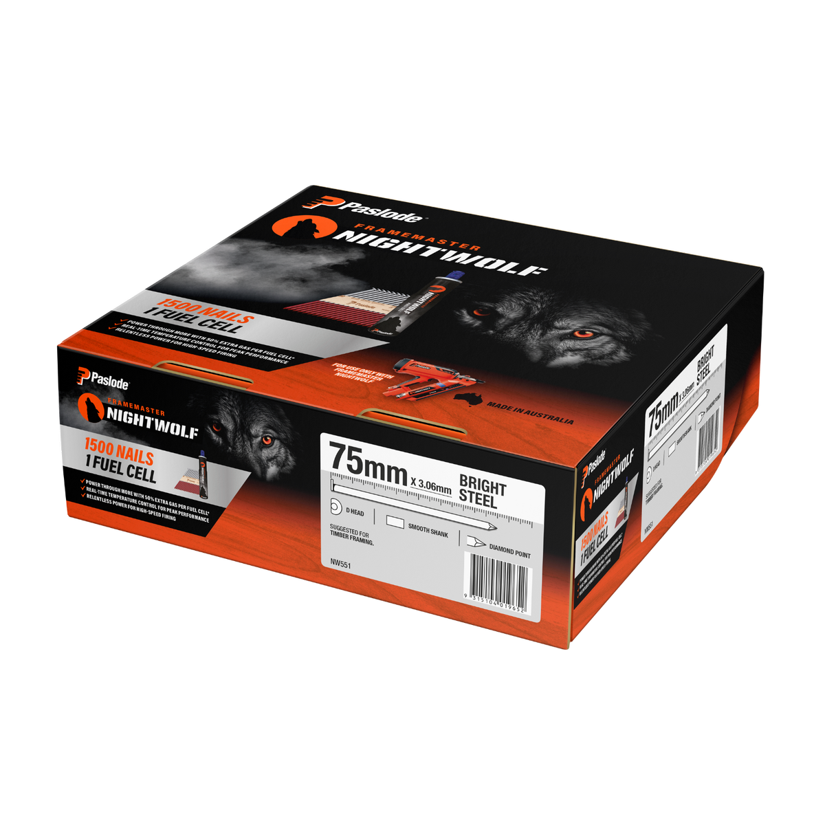 Paslode 75 x 3.06mm NightWolf Bright D-Head Smooth Nail - 1500 Pack ...