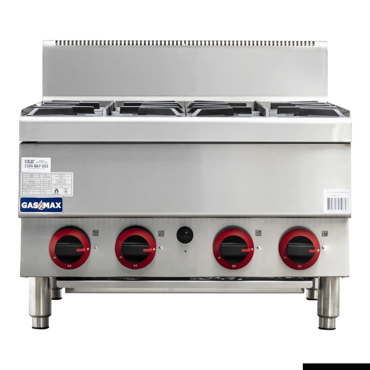 GasMax Benchtop Natural Gas 4 Burner Cooktop W/ Splashback - Commercial ...