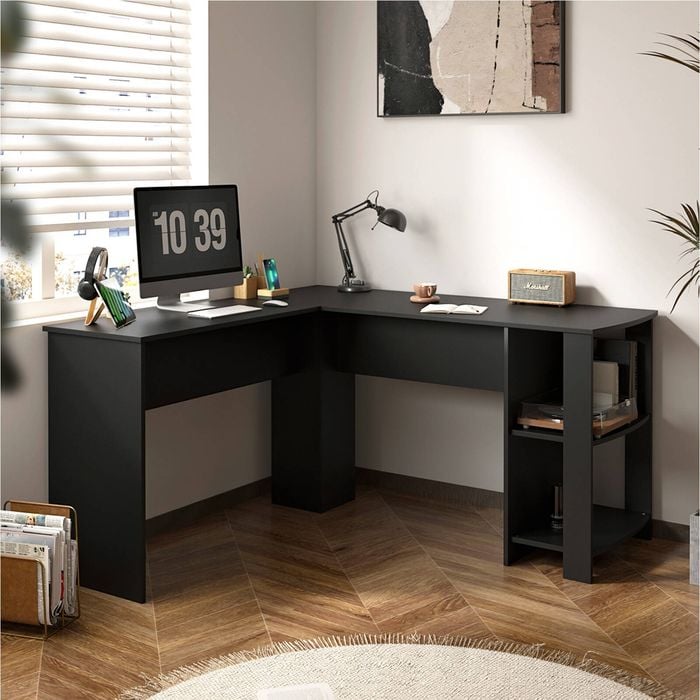 Oikiture L-shape Computer Desk with Storage Shelves Black - Bunnings ...