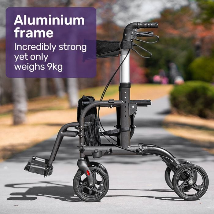 EQUIPMED 2-in-1 Foldable Aluminium Walking Frame Rollator and Transit ...
