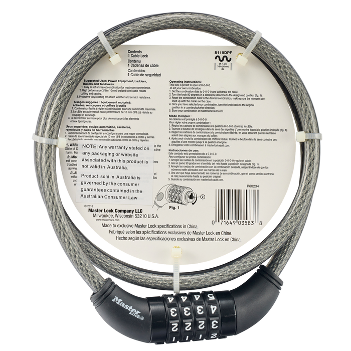Master Lock 10mm x 1.5m Combination Security Cable - Bunnings Australia