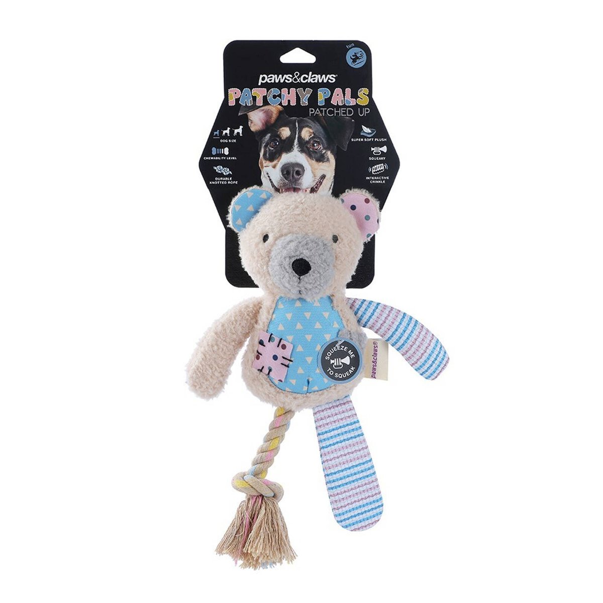 Paws & Claws Patchy Pals Plush Rope Bear Pet Dog Toy 36x15x7cm ...