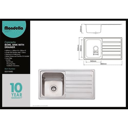 Mondella Concerto Single Bowl Sink and Drainer with Overflow Kit ...
