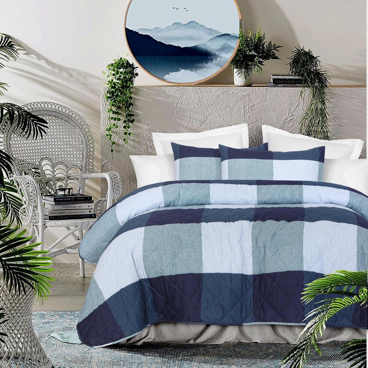 Amsons Pure Cotton Queen Bedspread Set - Blue Box - Bunnings Australia