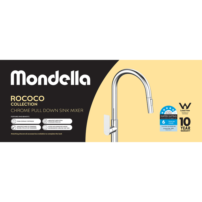 Mondella Chrome Rococo Pull Down Sink Mixer WELS 5 Star 6L/min ...