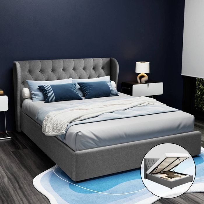 Artiss queen size gas lift bed frame base with storage mattress grey fabric store