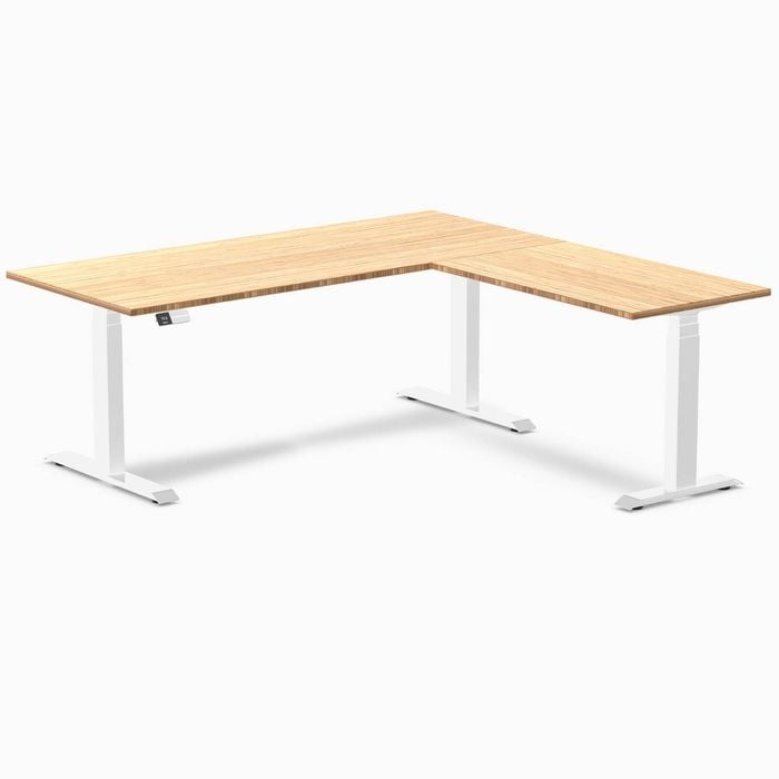 Desky L Shape Sit to Stand Bamboo Desk 1800x1750mm White Height Adjustable Leg Bunnings Australia