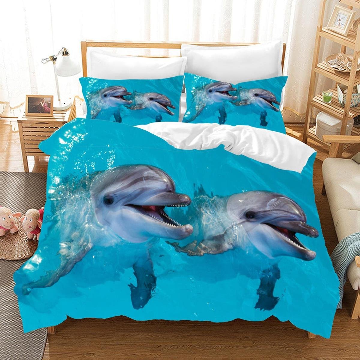 3D Blue Dolphin Quilt Cover Set Bedding Set Pillowcases 104 - Bunnings ...