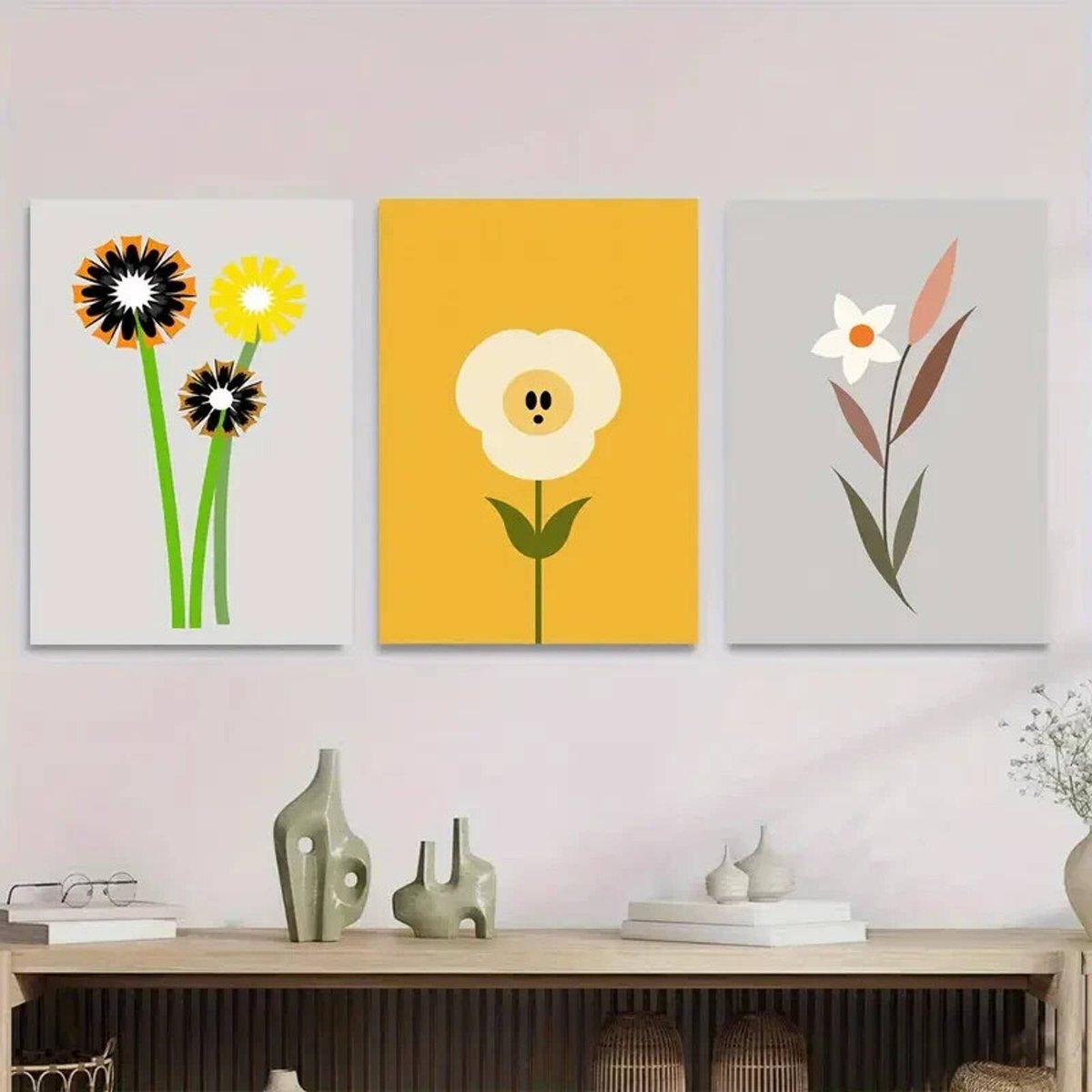 3pcs Abstract Flower with Black & Yellow Print 100% Australian Made 3 x ...