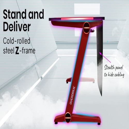 OVERDRIVE Gaming Desk Computer Black PC Red LED Lights Carbon Fiber ...