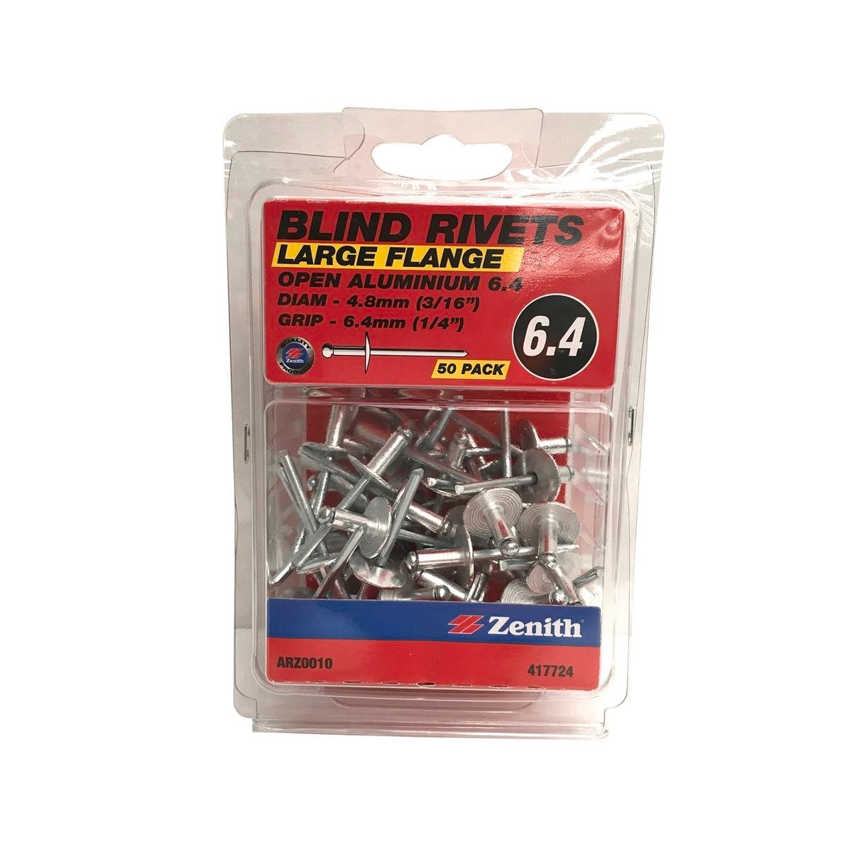 Zenith 3/16"D x 1/4"G Aluminium Open Blind Rivet With Large Flange - 50 ...