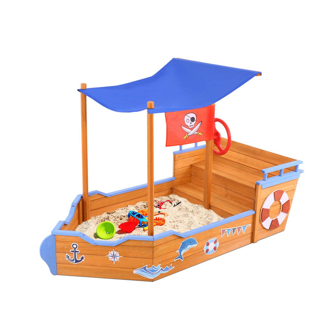 Keezi Kids Sandpit Wooden Boat Sand Pit with Canopy Bench Seat Beach ...