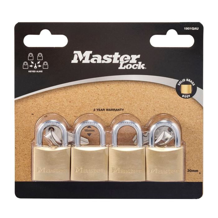 Master Lock 30mm Brass Keyed Padlock - 4 Pack - Bunnings Australia