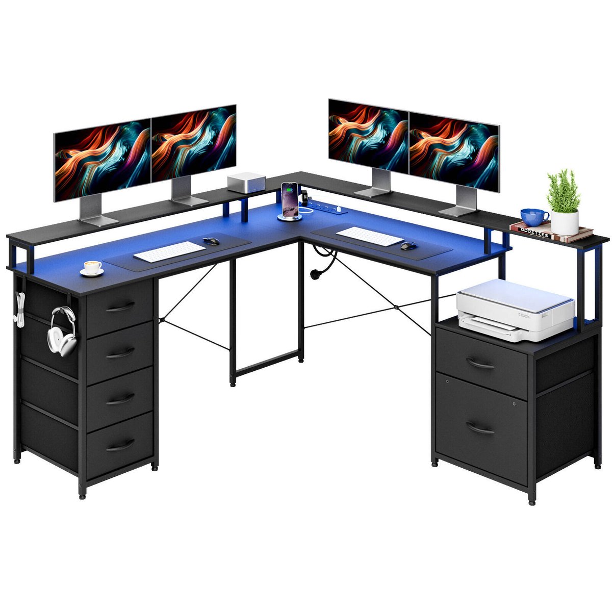 Advwin L Shaped Gaming Desk with LED Lights & Power Outlets Convertible ...