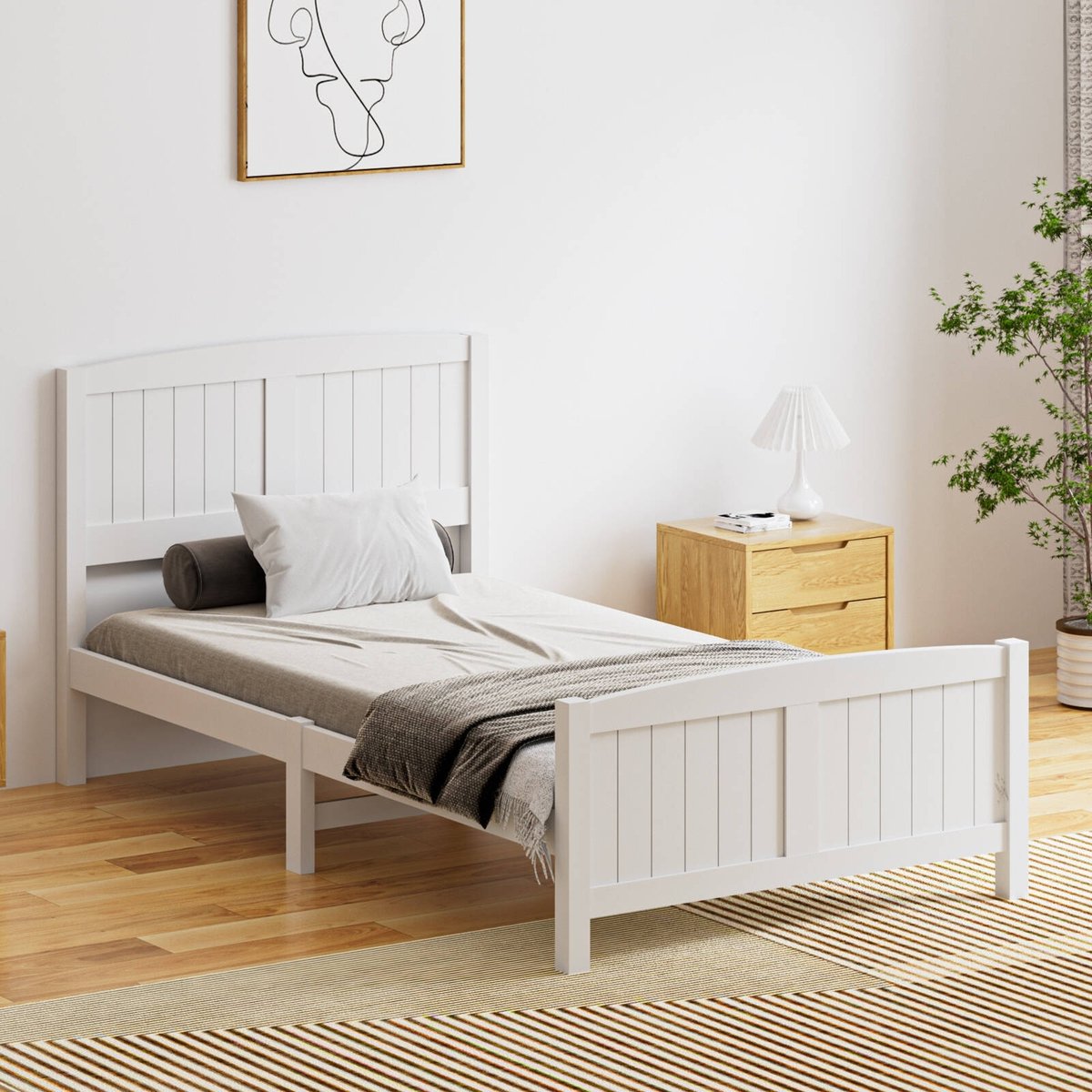 Oikiture Bed Frame King Singe Size Wooden Base Timber Platform White ...