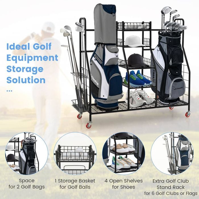 Costway Metal Golf Bag Storage Rack Mobile Golf Club Stand Organizer w ...