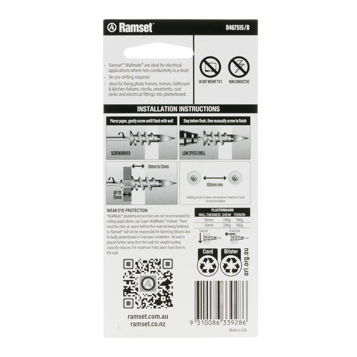 Ramset Nylon WallMate Plasterboard Anchor with Screws – 10 Pack - Bunnings Australia
