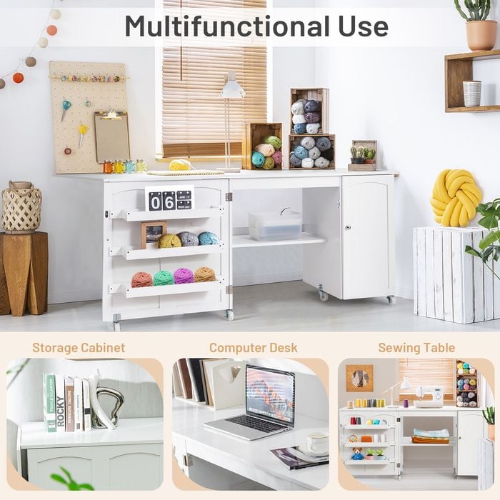 Costway Sewing Storage Table Mobile Drop Leaf Craft Cart w/Side ...