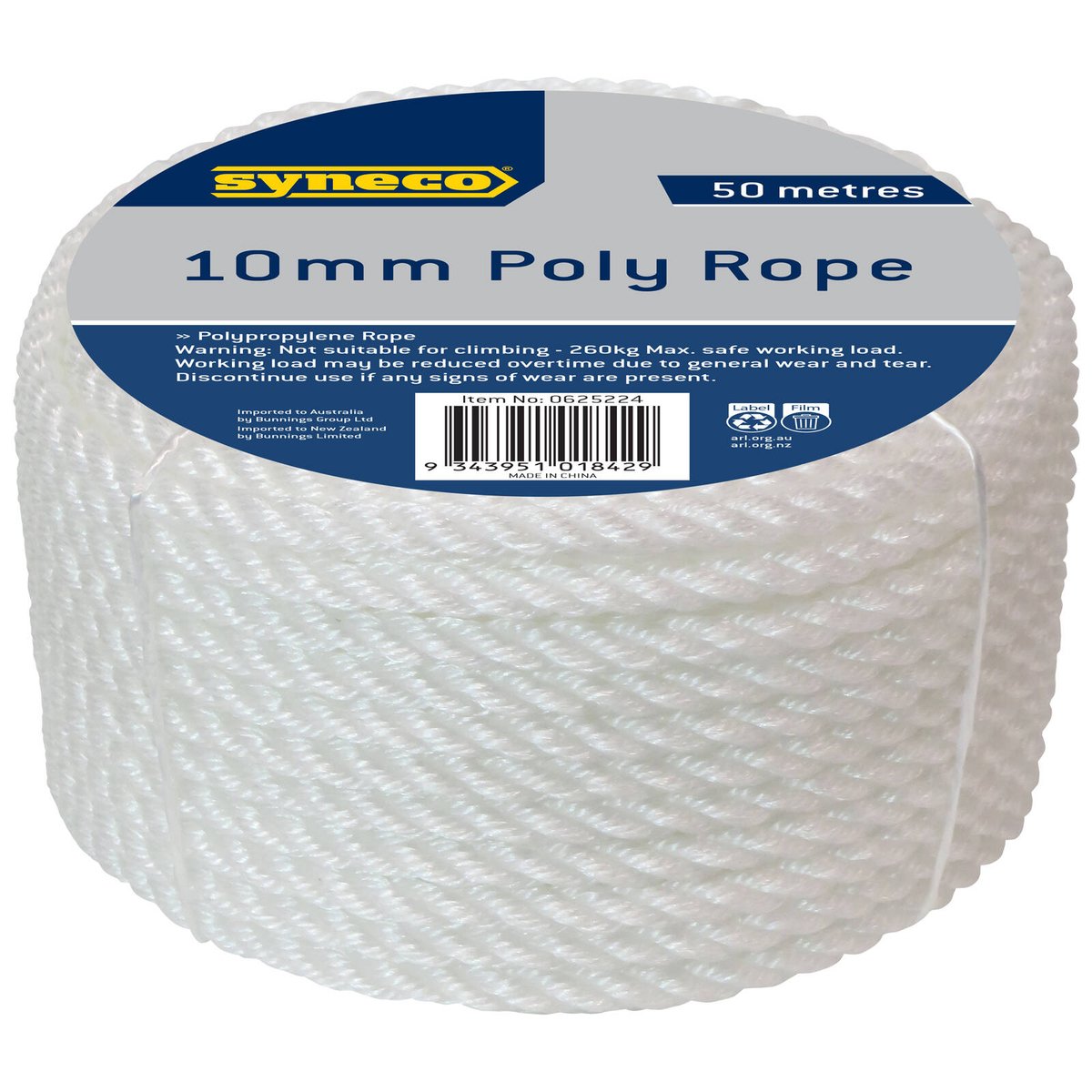 Syneco 10mm x 50m White Polypropylene Rope - Bunnings Australia