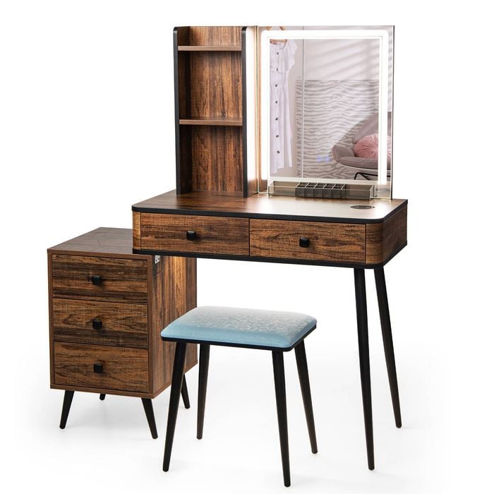 Costway Dressing Table Stool Set LED Mirror Vanity Desk Brown ...