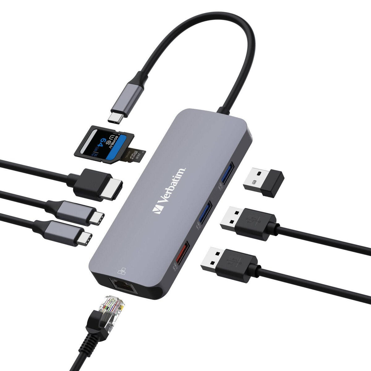 Verbatim USB-C Pro Multiport Hub 9 Ports,1 x HDMI, 1 x RJ45, 2 x USB-C ...