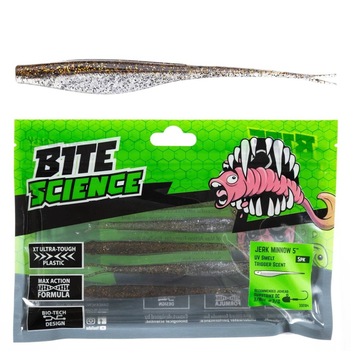 5 Pack of 5 Inch Bite Science Jerk Minnow Soft Plastic Lures - UV Smelt ...