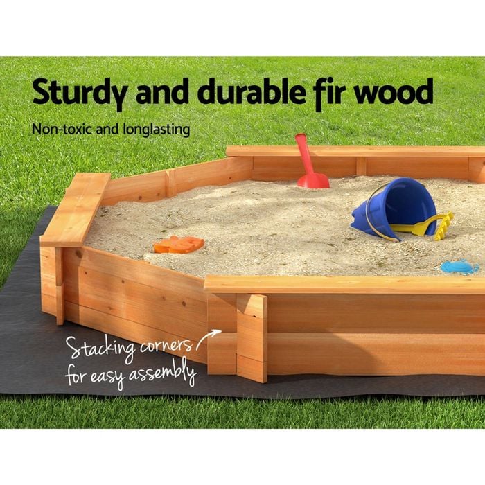 Keezi Kids Sandpit Wooden Round Sand Pit with Cover Bench Seat Beach ...