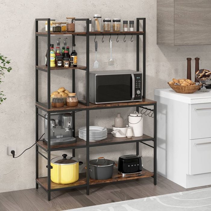 Costway 5 Tier Coffee Bar Bakers Rack Microwave Stand with Power Outlet Rustic Brown