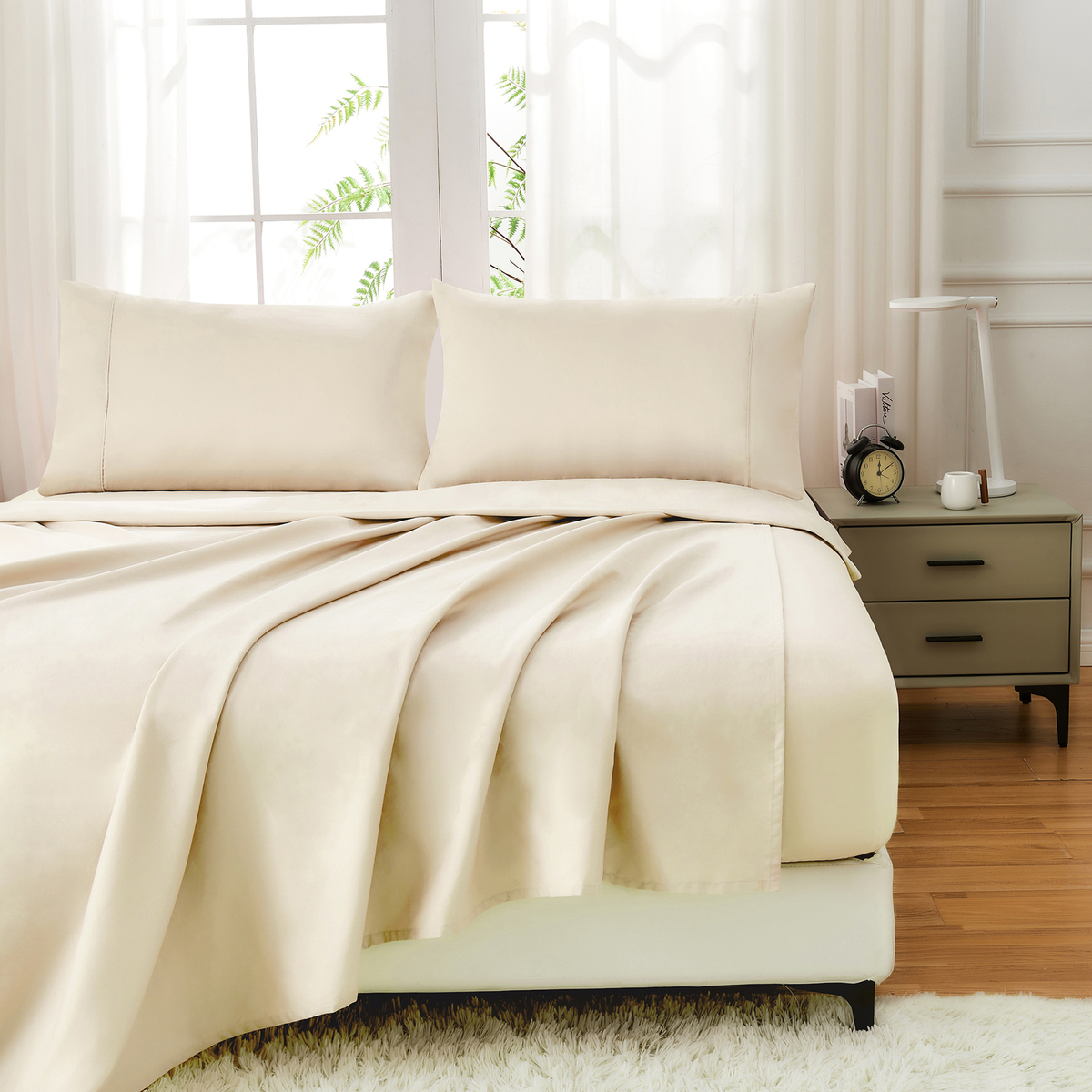 LINENOVA 100% Cotton Luxury Soft Sheet Set-Cream Queen - Bunnings Australia
