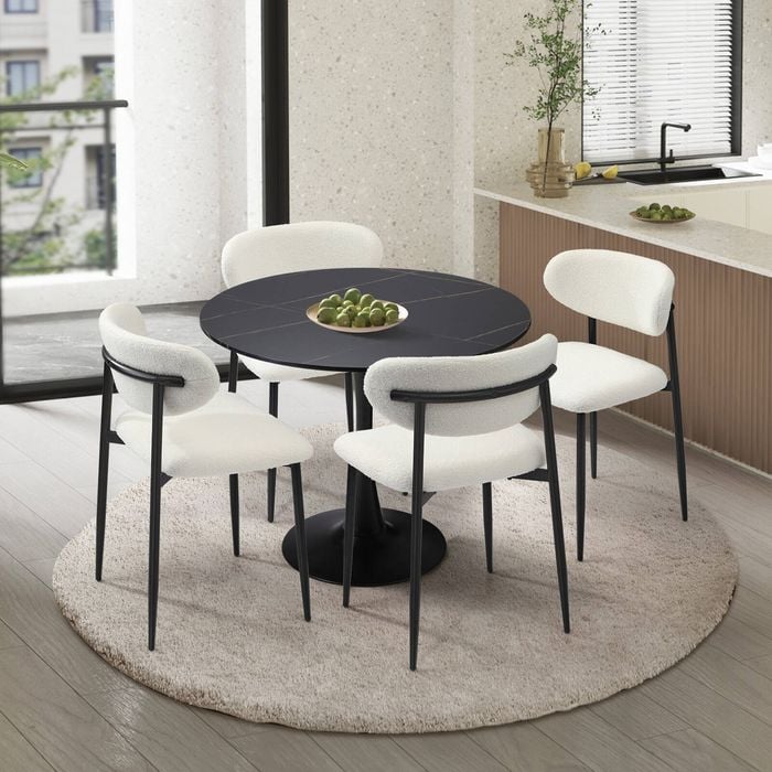 Oikiture 90cm Round Dining Table with 4x Dining Chairs Boucle Black ...