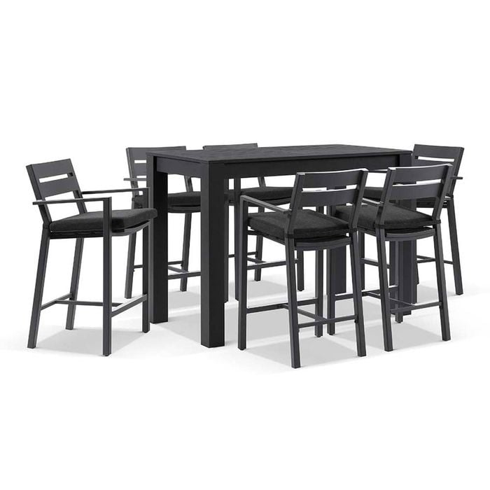 Santorini Outdoor Aluminium 1.5m Bar Table with 6 Bar stools 6 Charcoal Denim Grey Bunnings Australia