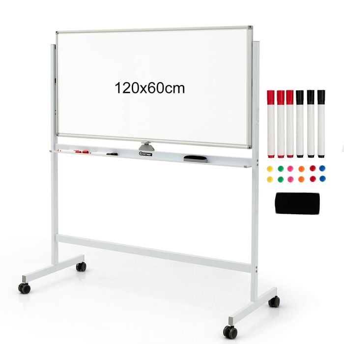 Costway 120x90cm Magnetic Whiteboard Double Sided Dry Erase Board Height Adjustable Black