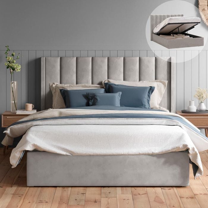 Emilie Double Taupe White Velvet Gas Lift Storage Winged Bed Frame ...
