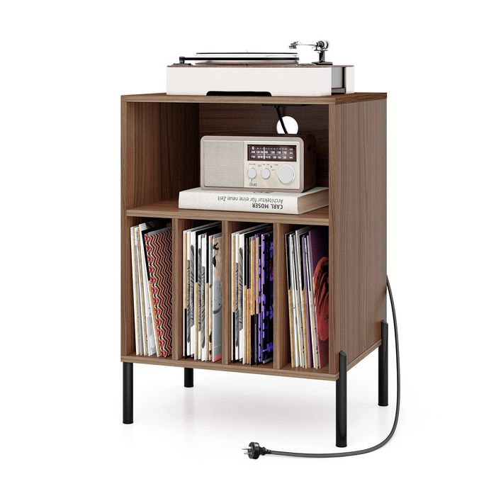 Costway Record Player Stand w/Charging Stationt Bedside Table White ...
