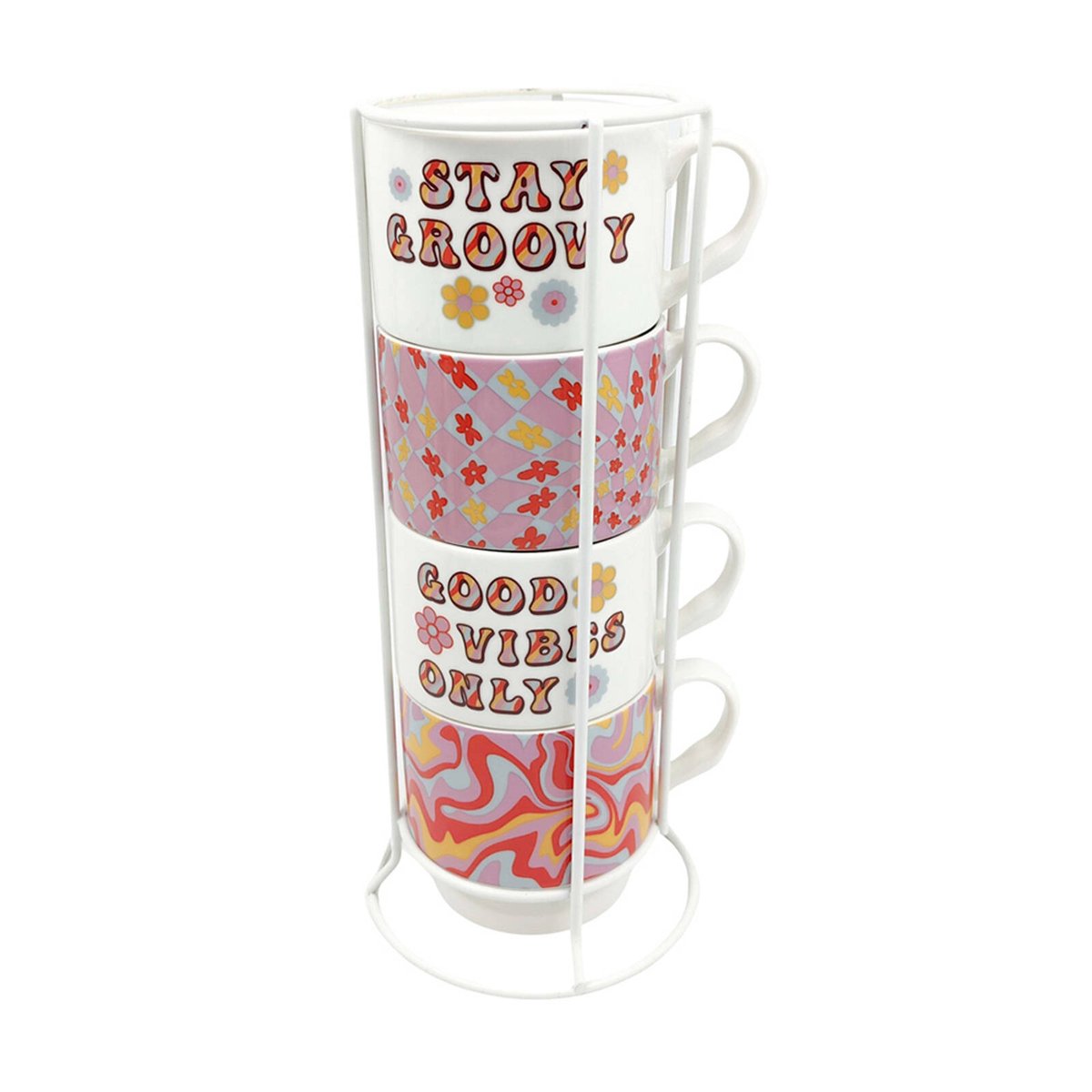 4pc Urban Retro Floral Stacked 300ml Ceramic Mugs w/ Metal Rack ...