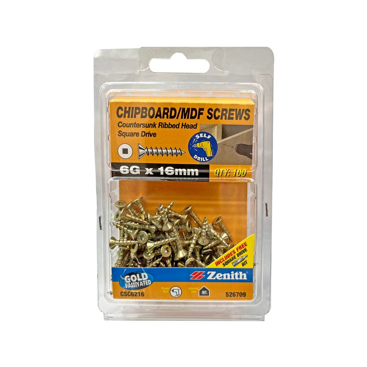 Zenith 6G x 16mm Gold Passivated Square Drive Chipboard Screw - 100 ...