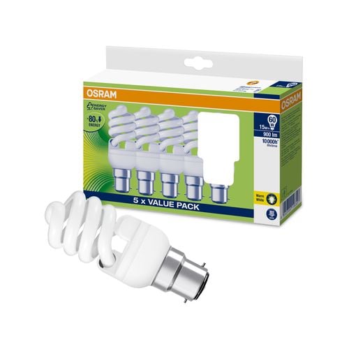 Osram B22 Warm White Mini Twist Spiral 15W Light Globe - 5 Pack - Bunnings Australia