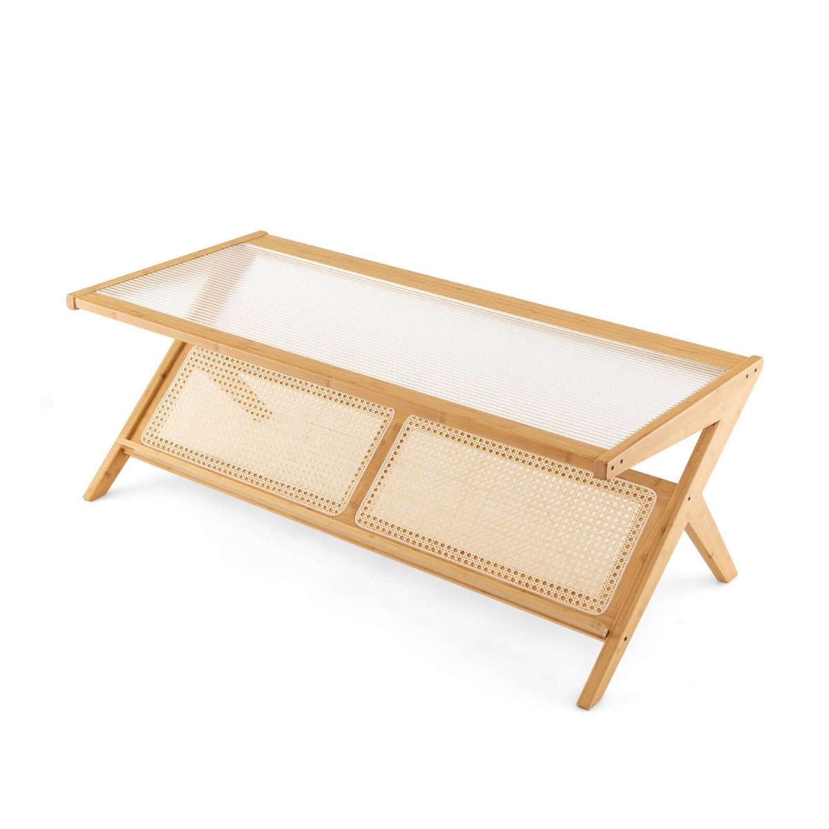 Costway 1.2M Coffee Table Bamboo Center Table 2-Tier Rattan Display ...