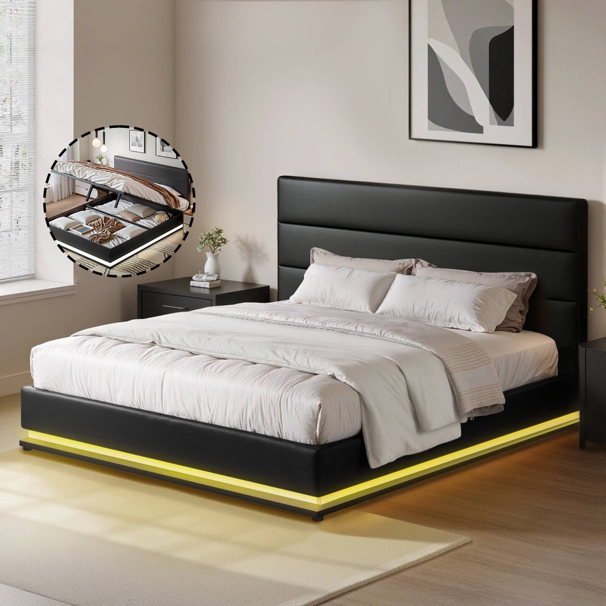 Artiss Bed Frame Beds Base RGB LED Gas Lift Queen LUMI - Bunnings Australia