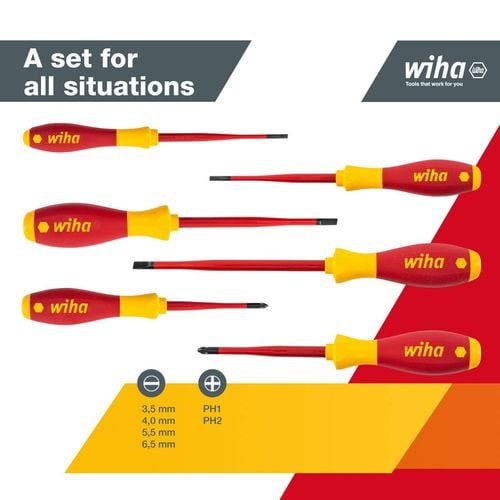 Wiha 6 Piece Softfinish Slimfix Screwdriver Set Insulated Electric VDE Slotted Phillips ...