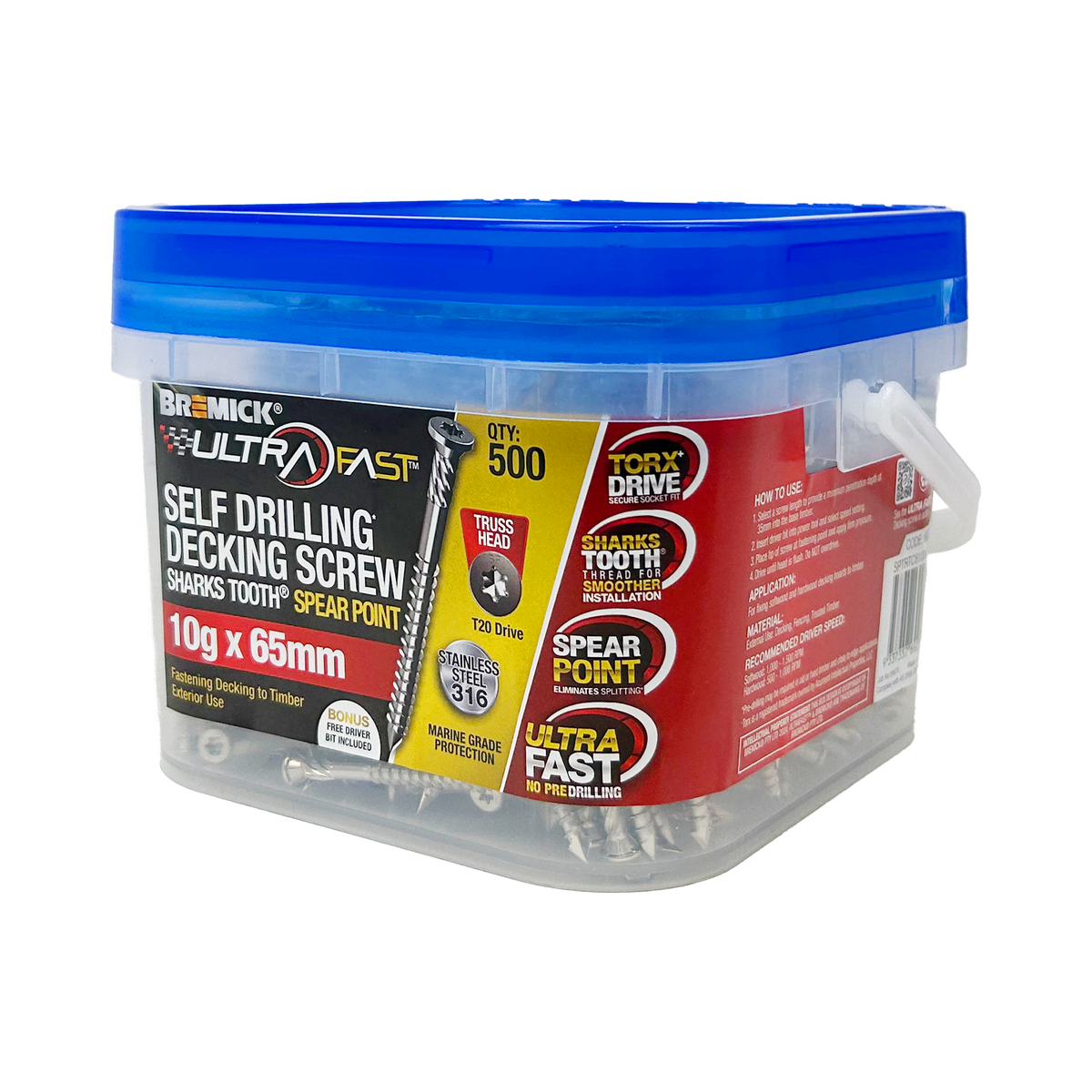 Bremick Ultrafast 10g x 65mm Stainless Steel 316 T20 Truss Head -500 ...