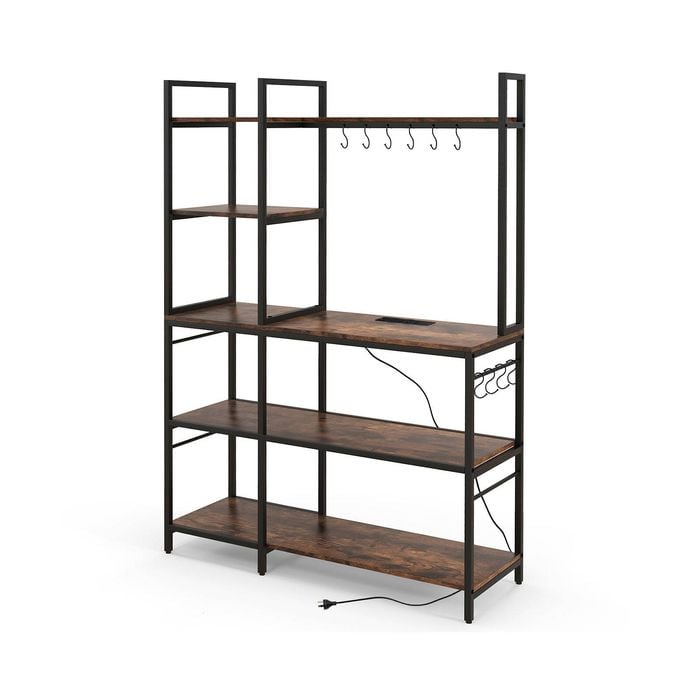 Costway 5 Tier Coffee Bar Bakers Rack Microwave Stand with Power Outlet Rustic Brown