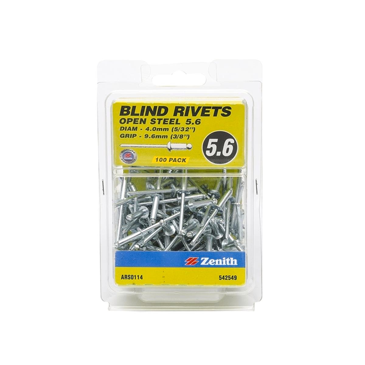Zenith Blind Rivet Open Steel 5/32"D x 3/8"G 100pk - Bunnings New Zealand