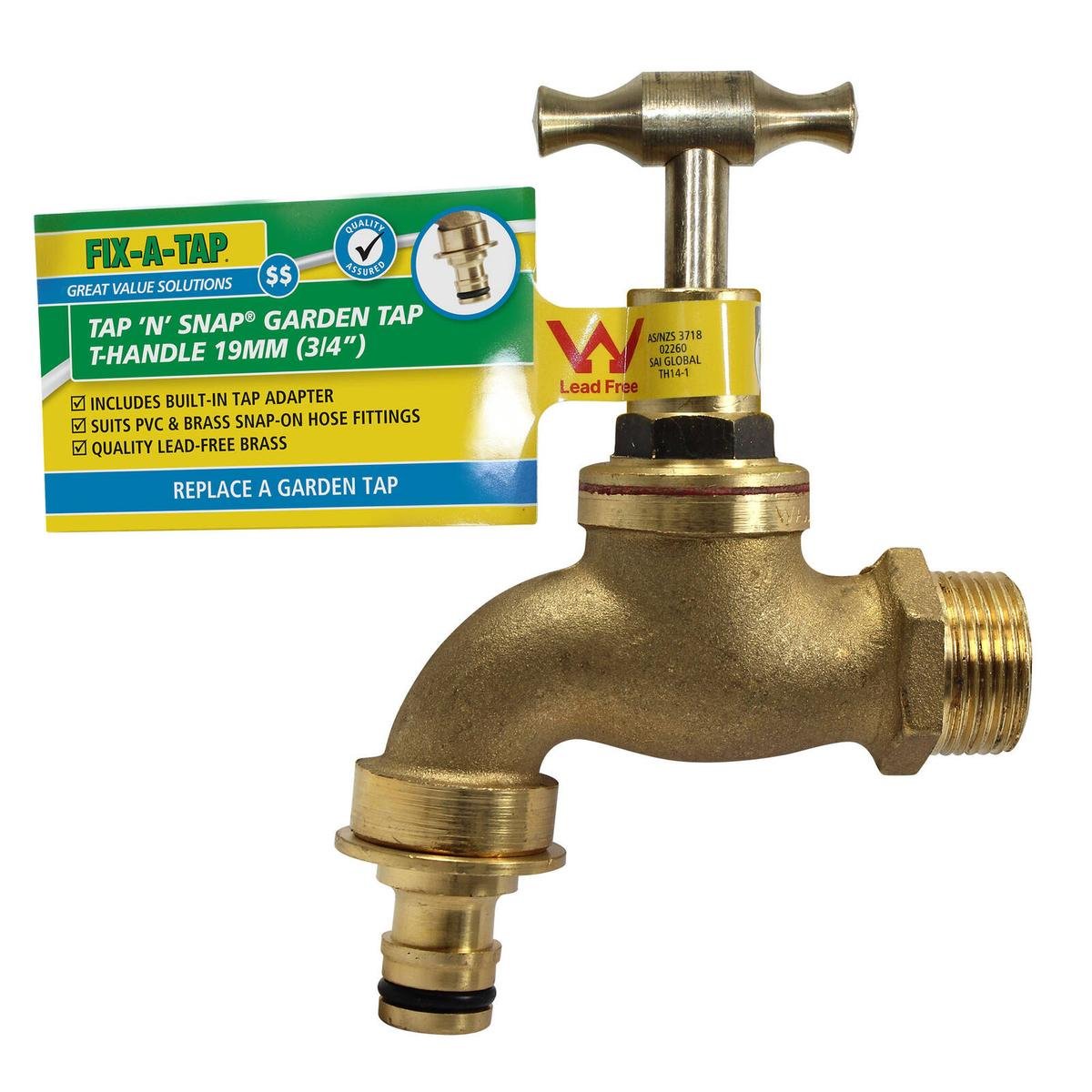 FIX-A-TAP 19mm Brass Lead-Free T-Handle Tap N Snap - Bunnings Australia
