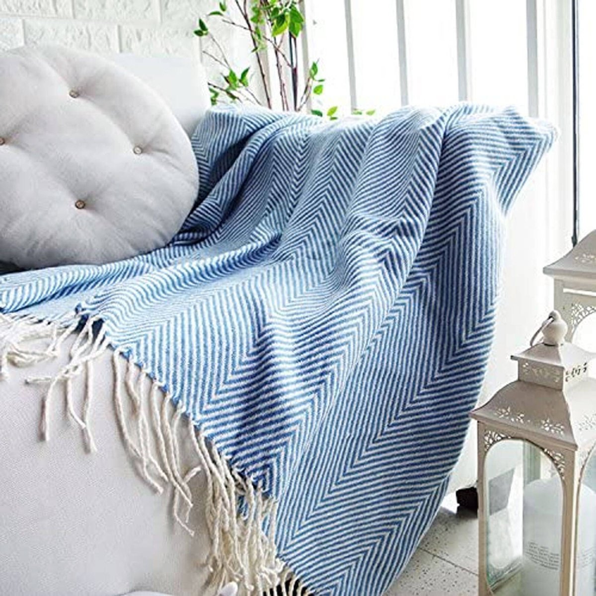 Atlantis Herringbone Blue Knitted Throw Rug - Bunnings Australia