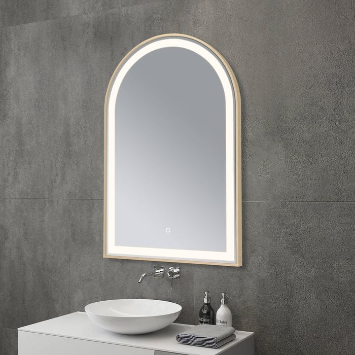 Barelli 900 x 600mm Brushed Brass Toscana Framed Arch Front Lit LED ...